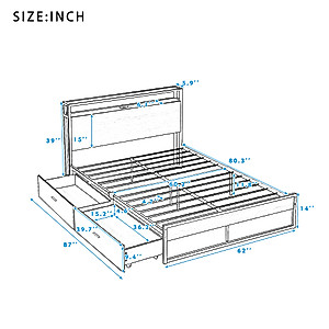 Metal Bed Frame Queen with Two Drawers Queen Size Storage Bed with Sockets, USB Ports and Slat Support for Living Room Bedroom,No Box Spring Needed/Easy Assembly (White)