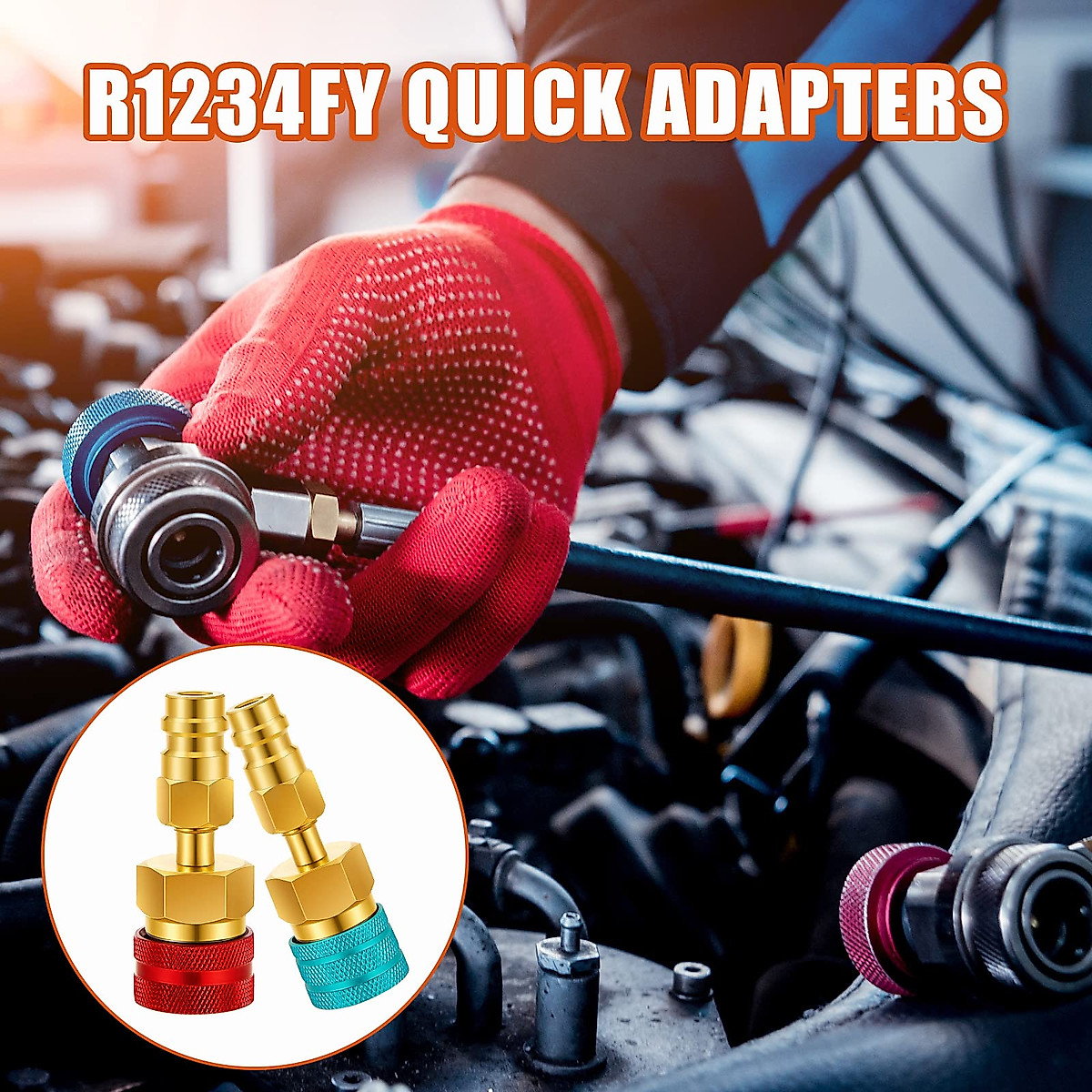 Quick Couplers Kit, R1234YF to R134A Conversion Kit, Blue and Red High Low Side R1234YF Adapters Hose Fitting Connectors for R1234YF Car Air Conditioning System Evacuation Recharging