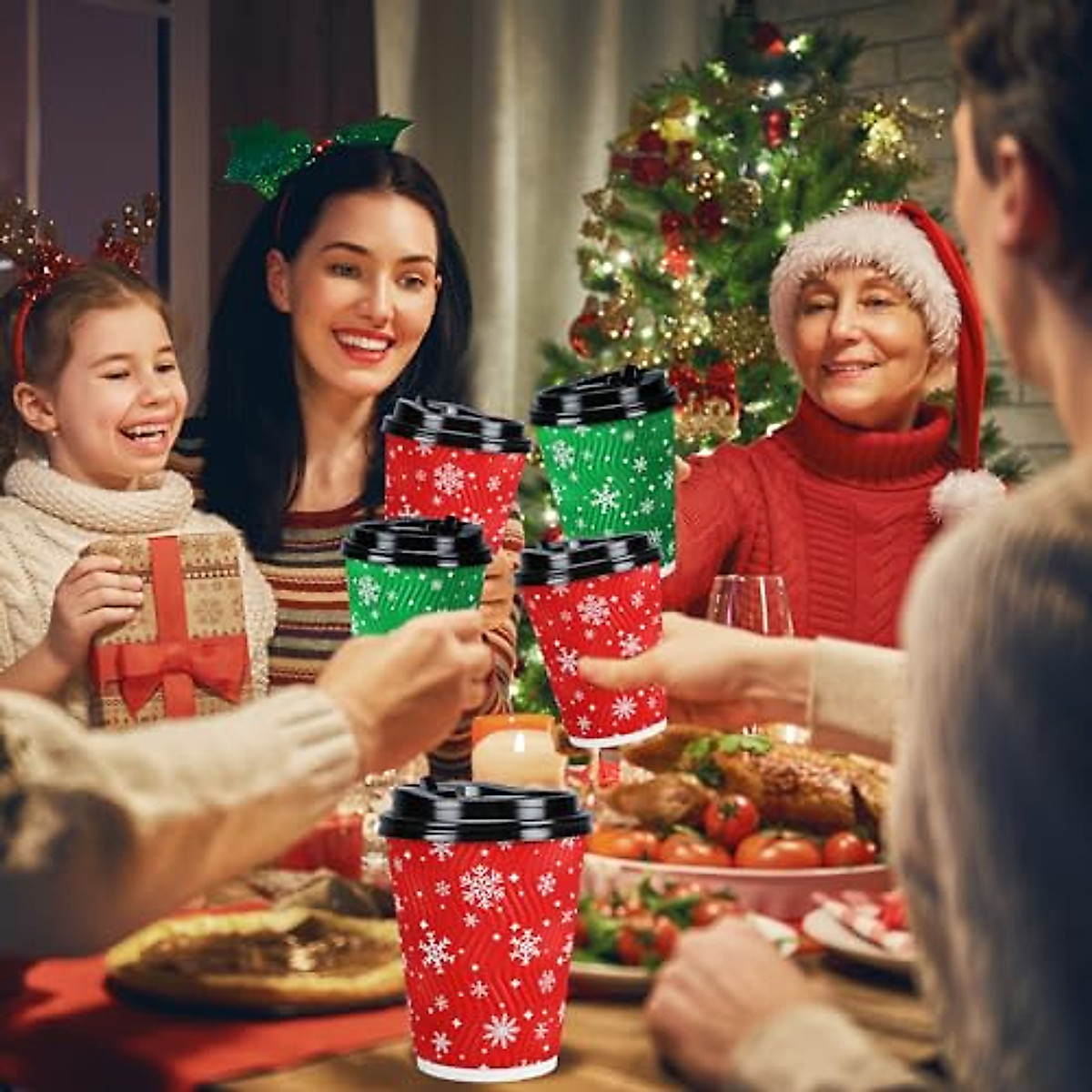 Ziliny 200 Pcs Christmas Coffee Cups with Lids 12 oz Hot Drink Cups Xmas Snowflake Paper Cups Disposable Large Hot Beverage Cups for Water Tea Office Home Drink Travel(Red, Green)