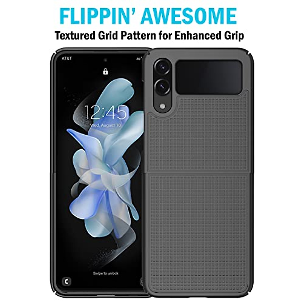 Case with Clip for Galaxy Z Flip 4 5G, Nakedcellphone [Grid Texture] Slim Hard Shell Cover and [Rotating/Ratchet] Belt Hip Holster Holder Combo for Samsung Z Flip4 Phone (SM-F721U, 2022) - Black