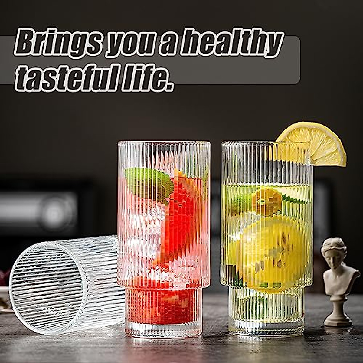 wookgreat Drinking Glasses, 16oz Origami Style Glass Cups with straw, 12 pcs Highball Glasses, Elegant Ripple Vintage Glassware, Ribbed Glasses, Iced Coffee Glasses Ideal for Cocktail Whiskey, Juice