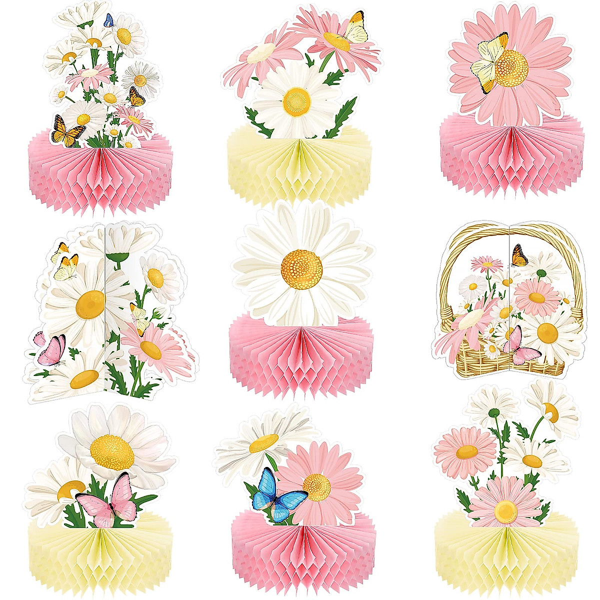 Hotop 9 Pcs Daisy Flower Birthday Party Decorations Daisy Butterfly Honeycomb Centerpieces 3D Daisy Centerpieces for Tables Pink Daisy Table Toppers Boho Groovy Party Decorations Girl Baby Shower