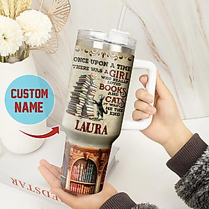 WAZONE Personalized Books and Cats Coffee Tumbler 40oz with Handle and Straw Custom Name Travel Coffee Mug Birthday Christmas Thanksgiving Gift For Librarians Cat Lovers Friends Women Girls