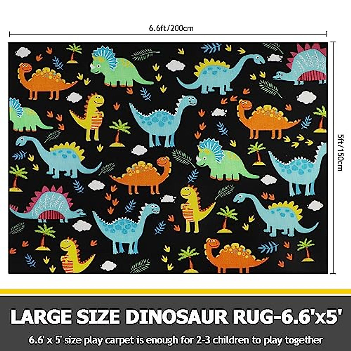 Capslpad Black Dinosaur Kids Play Rugs for Boys Bedroom Cute Cartoon Dinosaur Decor Kids Area Rug Non-Slip Washable Dinosaur Carpet Rugs for Kids Room,Playroom,Boys Bedroom,5'×6.6'