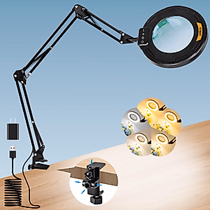LED Magnifying Lamp with Clamp, 10X Real Glass Lens, 3 Color Modes and Stepless Dimmable Magnifier Desk Lamp,Adjustable Swivel Arm Lighted Magnifying Glass for Repair Craft Close Work-Black