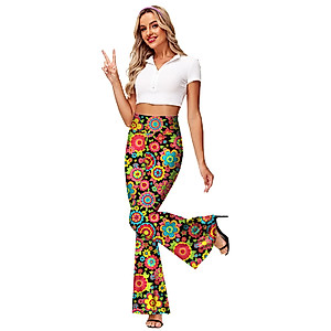 Flare Pants for Women Floral Bell Bottom 70s Hippie Pants High Waist Groovy Boho Yoga Pants XS