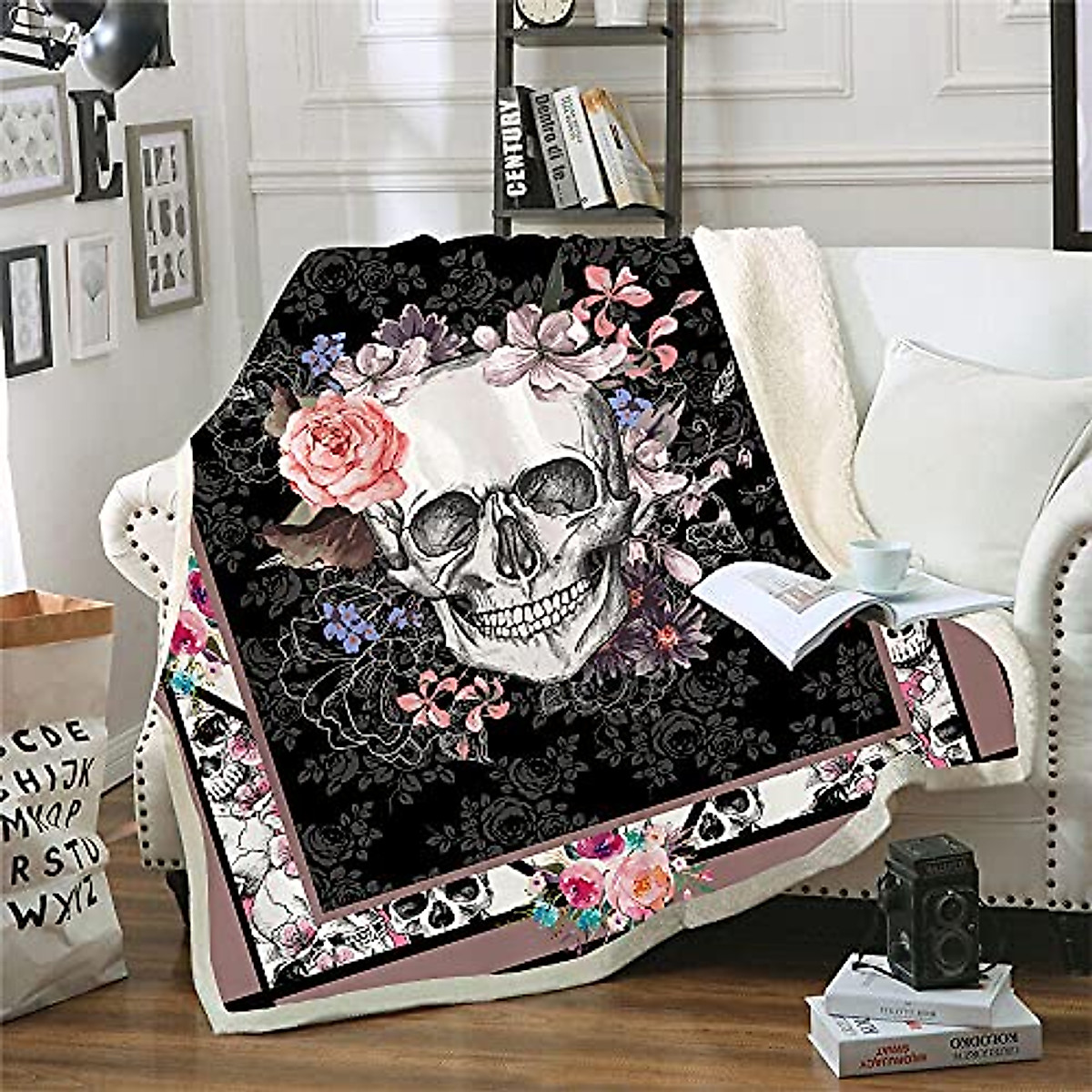 Sugar Skull Blanket Ultra Soft Sherpa Gothic Blankets All Seasons Warm Cozy Flower Rose Skull Blankets for Women Gift Plush Throw for Couch Sofa Bedding (51'' x 59'')