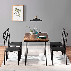 VECELO 5-Piece Set for Home Kitchen Small Space Breakfast Nook, 4 Faux Leather Metal Frame Chairs, Dining Table for 4, Retro Brown