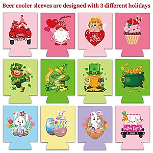 Whaline 12Pcs Can Sleeves St. Patrick's Day Easter Neoprene Can Cooler Cover 12 Designs Reusable Holiday Themed Thermocooler Valentines Bottle Sleeve for Beverages Cans Party Supplies