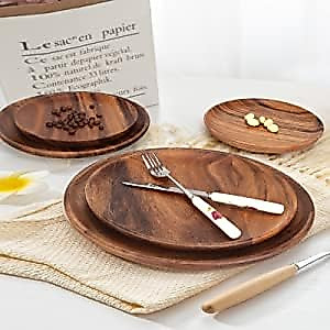 IQCWOOD Wooden Dinner Plates, 6 Inch Round Wood Plates Set of 4, Acacia Wooden Plates Round Tray Easy Cleaning Serving Platter for Food Dessert Salad Plate Fruit Platters