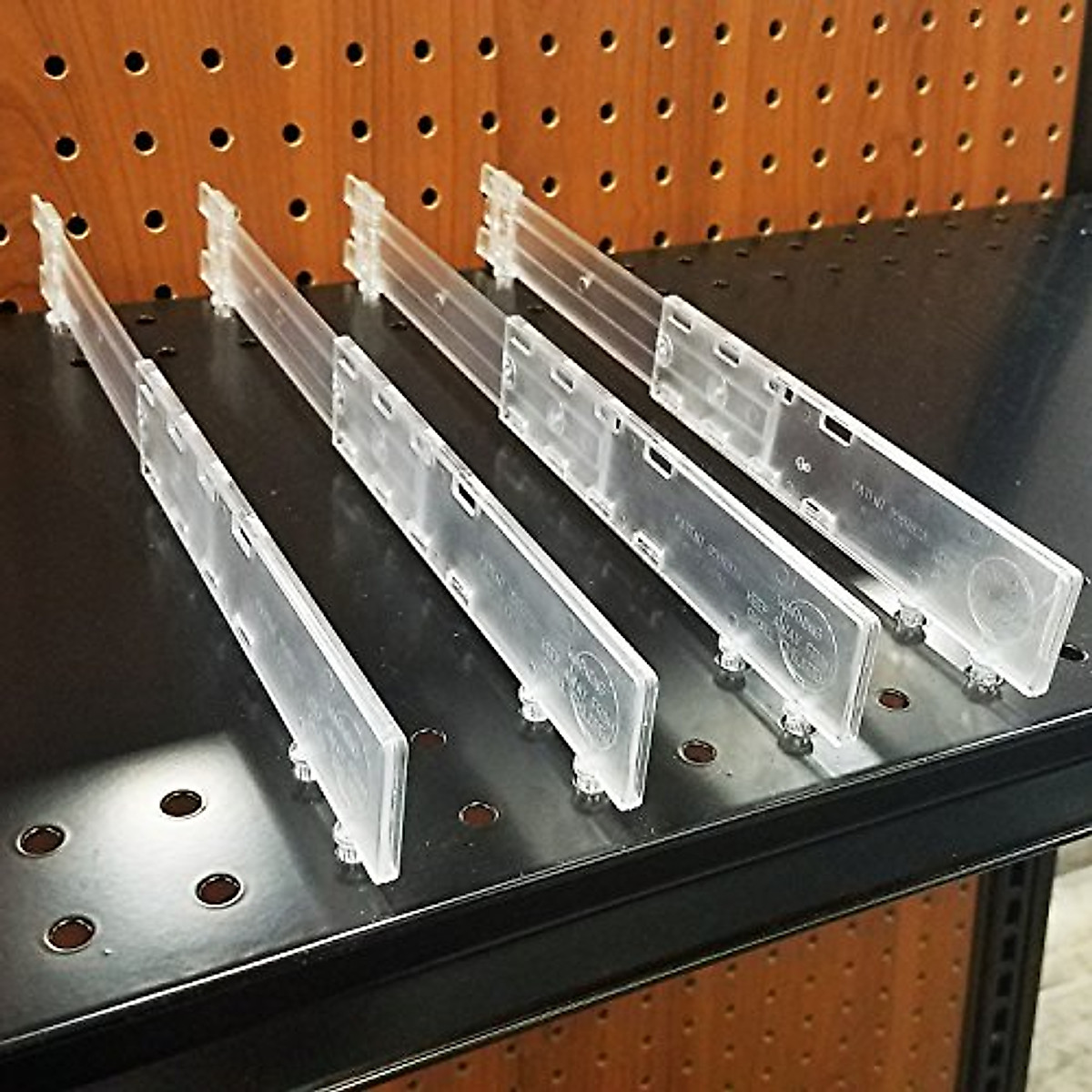 Adjustable Gondola Shelf Dividers - Retracting Item Organizer for Shelves 14" to 22" D - 50 Pack