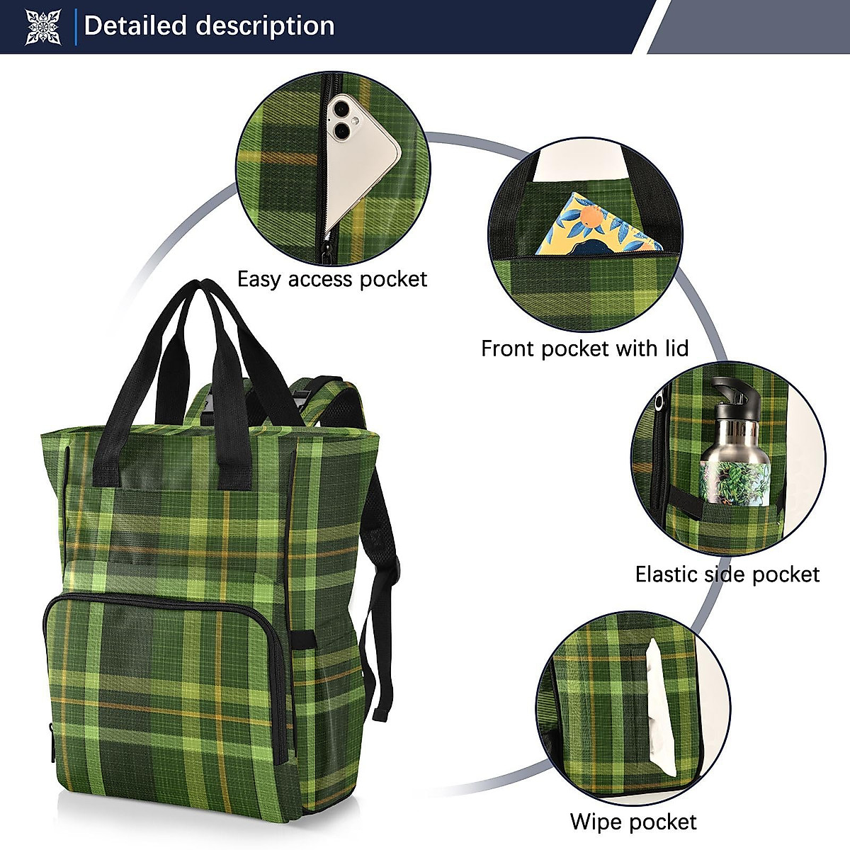 Jihqo Diaper Bag Backpack National Tartan Saint Patrick Travel Diaper Bags for Women, 10L Functional Baby Changing Bag with Insulted Pockets, Stroller Straps