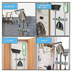 INNOVATEX Garage Tool Storage Rack Mop and Broom Holder Wall Mount Organizer, 5 Clamp Hanger Slots for Rakes, Shovels, Garden Yard Tools, Kitchen and Utility Use, 6 Hanging Hooks for Small Items
