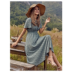 Floerns Women's Casual Floral Print Crewneck Short Sleeve A Line Boho Maxi Dress Green Multi L