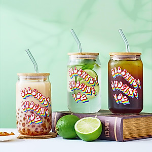 Set of 2 Drinking Glasses with Bamboo Lids and Glass Straws, 16oz Clear Glass Cup Iced Coffee Glasses, Beer Glasses, Cool Glass Tumbler Cup Ideal for Soda Whiskey Cocktail Juice - Funny Gift Glass