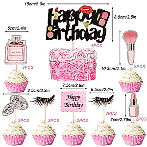Weenkeey 15 PCS Makeup Cupcake Toppers Cosmetics Theme Happy Birthday Cake Toppers Lipstick Eyelashes Makeup Brushes Diamond Perfume Bottle Cake Picks for Bridal Shower Girls Birthday Party