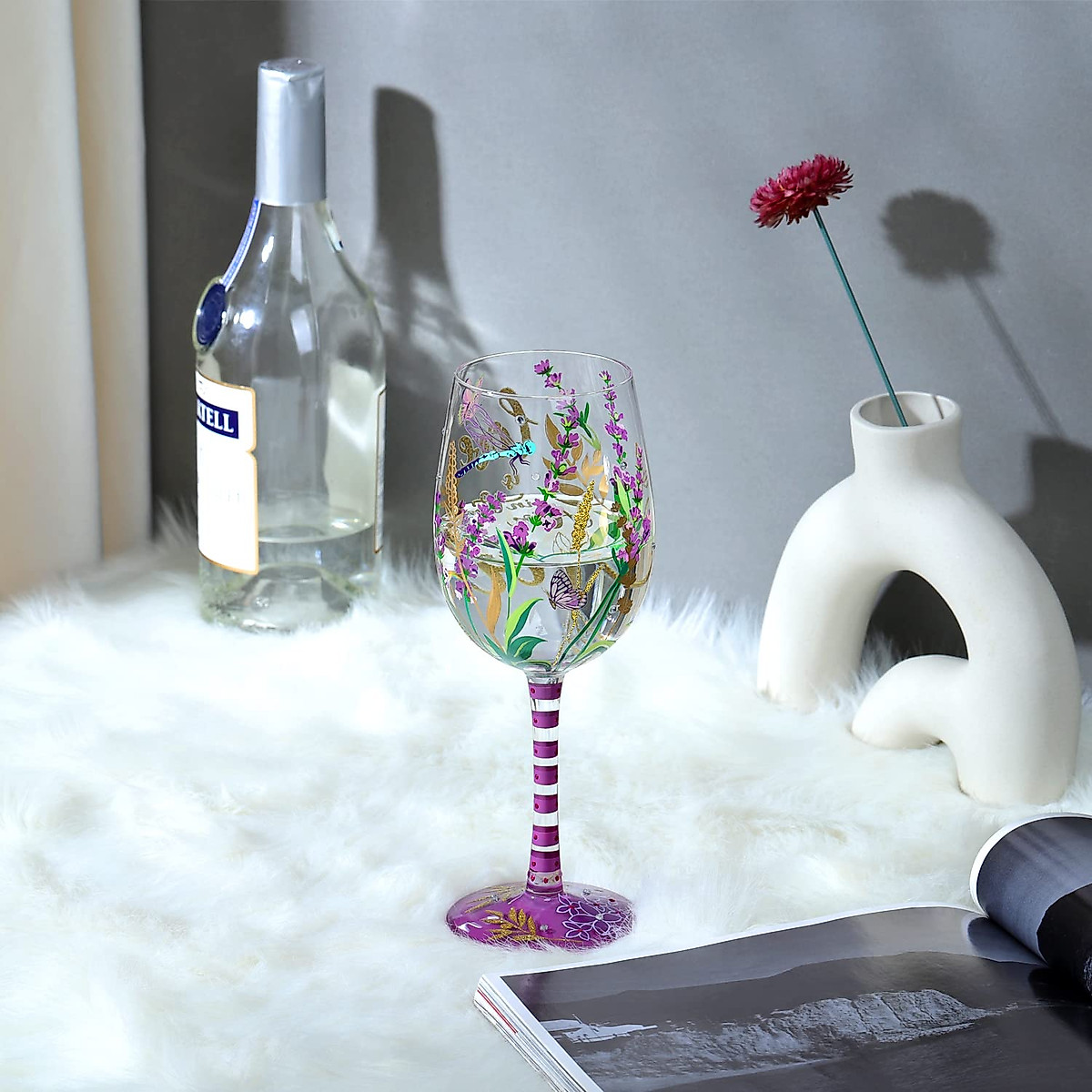 NymphFable Hand Painted Wine Glass Purple Lavendar & Dragonfly Birthday Gift for Women with Personalised Gift Box, 15oz