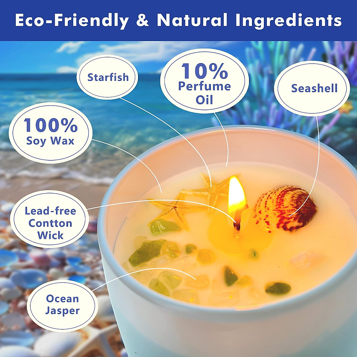 AROZEN Ocean Beach Scented Candles Gifts for Women, Aromatherapy Soy Fall Candles for Home Scented, 10oz Sea Candles with Healing Crystal Inside, Christmas Birthday Gifts Candle for Women Mom Decor