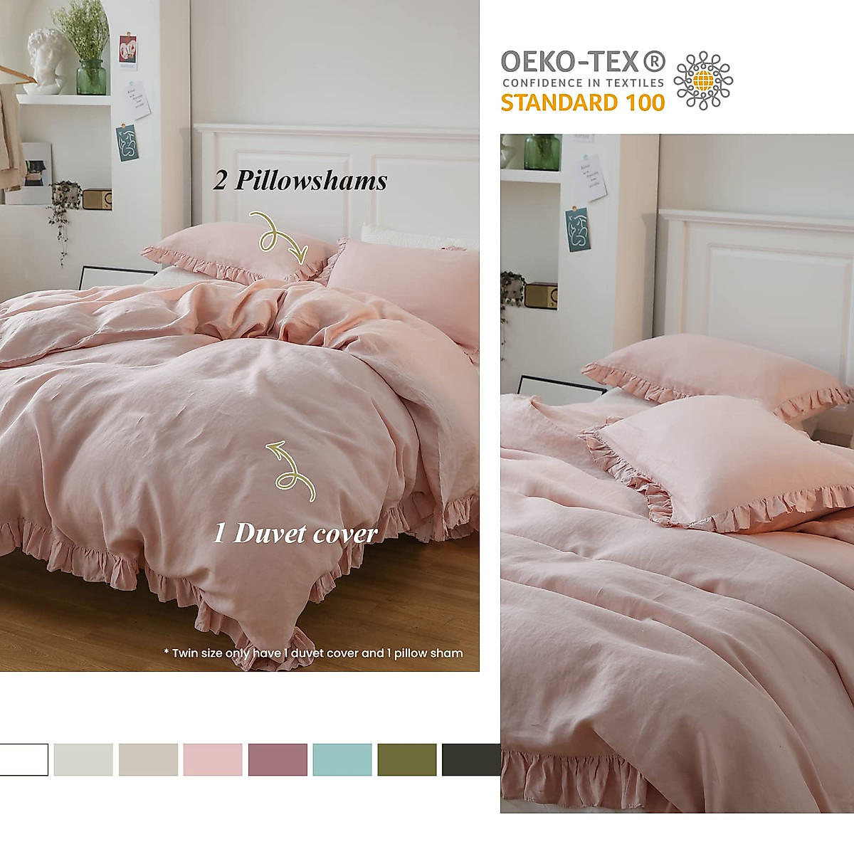 Simple&Opulence 100% Linen Frill Farmhouse Duvet Cover Set,King Size(104''x92''),3 Piece Belgian Flax Bedding(1 Comforter Cover+2 Pillowshams)with Ruffled Edges,Natural Soft and Breathable,Blush Pink