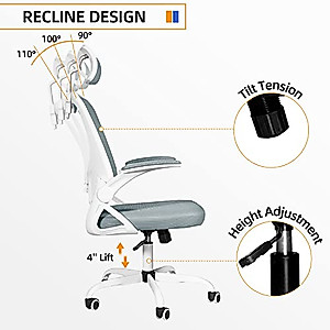 MUZII Office Chair with Headrest, Mesh Office Chair, Ergonomic Mesh Office Chair with Lumbar Support, Desk Chair with Wheels, Task Chair with Arms Executive Office Chair for Home Office, Grey