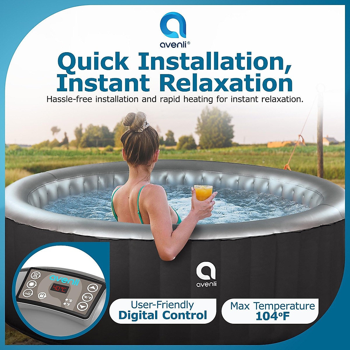 JLeisure Avenli London 181 Gallon 49 Inch 2 to 3 Person Inflatable Hot Tub Spa with Control Panel, Insulated Tub Cover and Floor Protector, Black