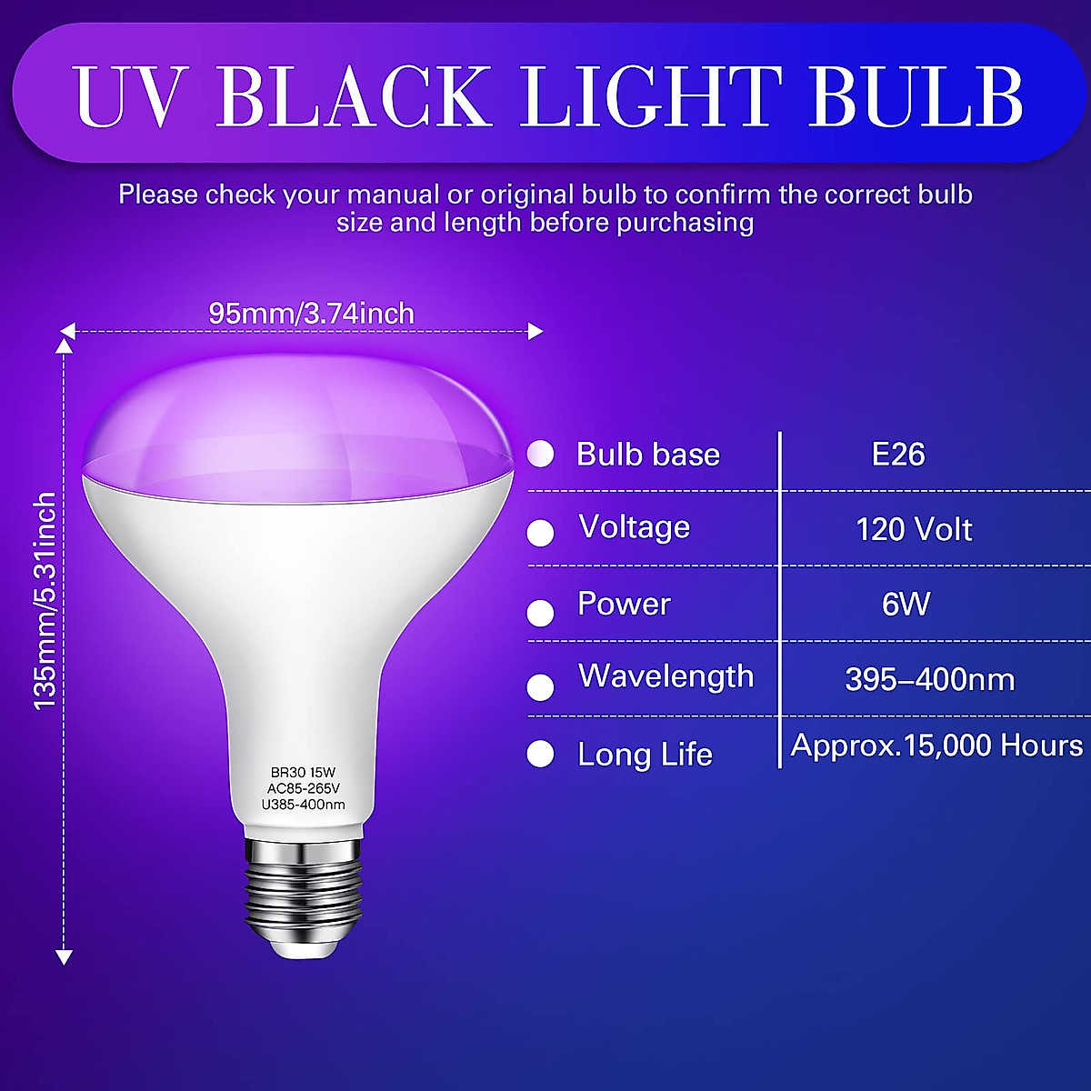 Qualirey 6 Pack Black Light Bulbs BR30 15W LED UV Blacklight Bulbs UVA Level 385-400nm E26 120W Equiv Black Light Flood Light for Glow in the Dark Halloween Party Body Paint Fluorescent Poster