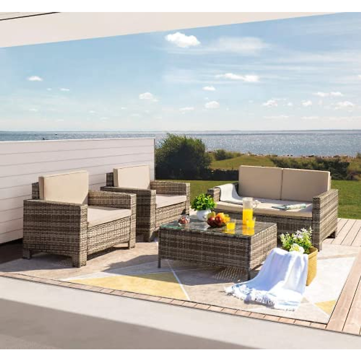 Flamaker 4 Piece Patio Furniture Outdoor Rattan Conversation Sofa Set with Patio Table and Chairs for Porch Backyard Poolside (Grey)