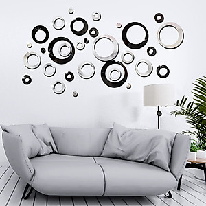 Outus 72 Pieces Wall Stickers Acrylic Circle Mirror Removable Round Dots Mirror Wall Decoration Wall Decals Murals for Home Living Room Bedroom Decor(Silver, Black)