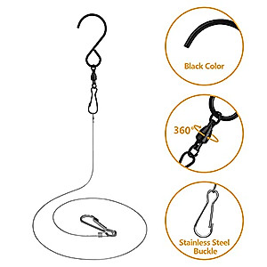 XLDLQU 5 Pack Black Swivel Hooks, 360° Stainless Steel S Hook Clips with 12.5 inch Extended Wirerope for Hanging Wind Spinners, Wind Chimes, Bird Feeder, Crystal Twisters (5 Pack)