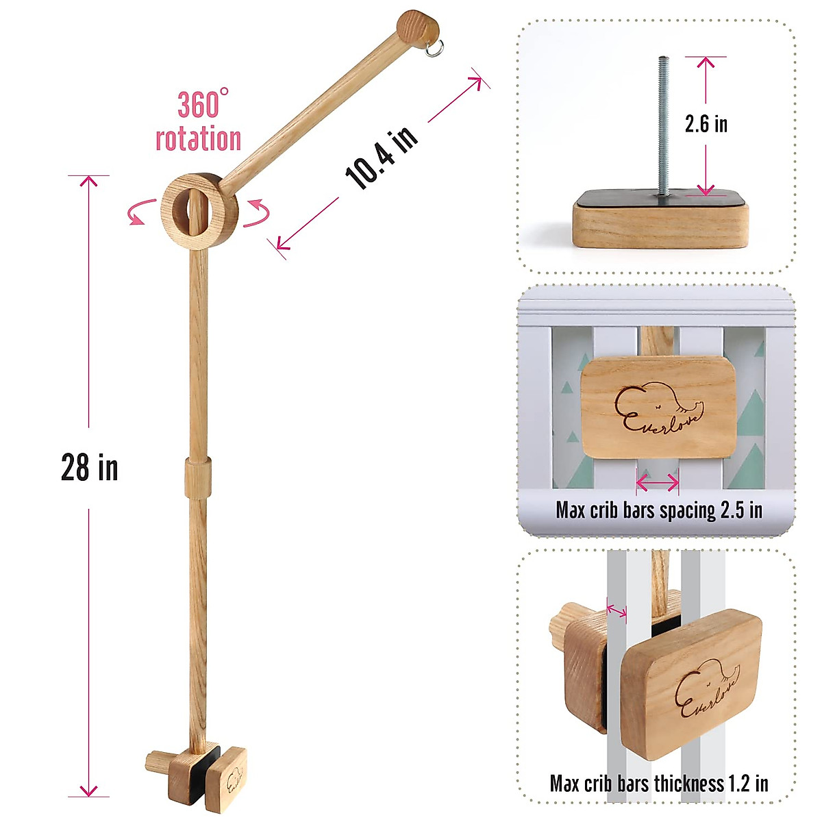 EVERLOVE | Wooden Mobile Arm for Crib - Baby Mobile Holder for Crib - Baby Mobile Hanger for Crib (100% Ash Wood)