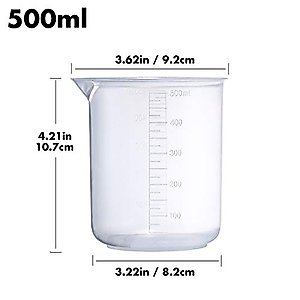 Plastic Beaker Set, 5 Sizes Low Form Measuring Graduated Griffin Polypropylene Beakers in 500 ml, 250 ml, 100 ml, 50 ml, 25 ml for Laboratory, & Science Experiments with 5 Plastic Droppers in 3 ml