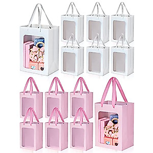 Zhehao 12 Pcs Christmas Paper Gift Bags with Transparent Window 7.09 x 5.12 x 9.84 Inch Gift Wrap Bags for Bouquets with Handle for Festivals Party, Weddings, white, Pink