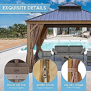 Bellemave 12'x12' Hardtop Gazebo with Galvanized Steel Double Roof, Aluminum Wood Grain Patio Canopy with Netting and Curtains, Heavy-Duty Outdoor Permanent Pavilion Garden, Patios, Lawns, Deck