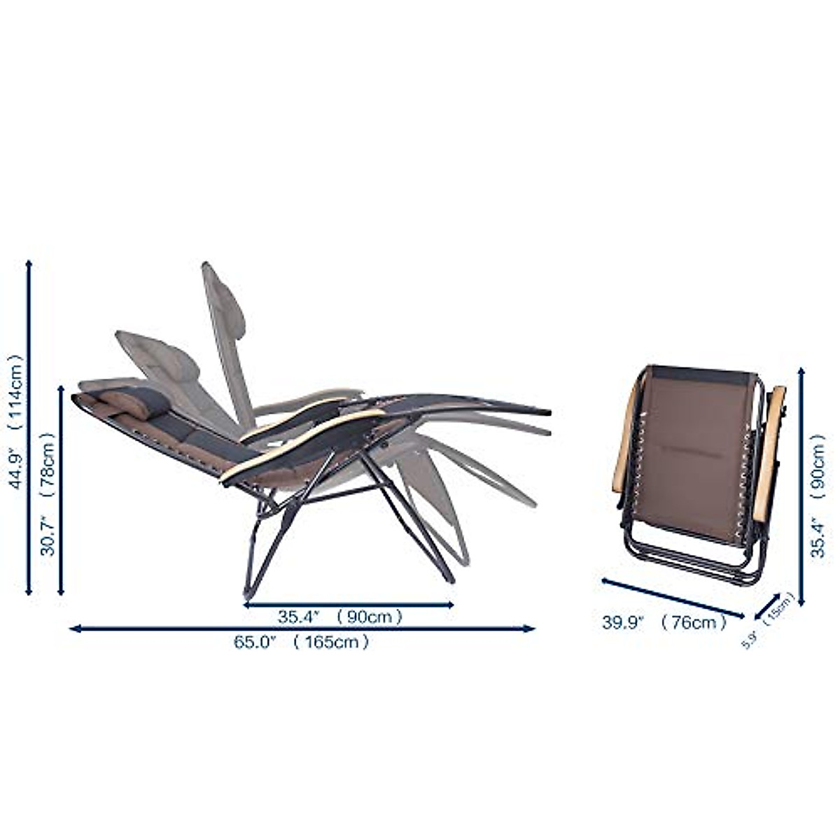 LUCKYBERRY Deluxe Oversized Padded Zero Gravity Chair XL Brown Black Cup Holder Lounge Patio Chairs Outdoor Yard Beach Support 350lbs, (Brown)