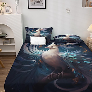 Phoenix Sheets Full Size, Bird Bed Sheets, Patterned Bedding Sheets & Pillowcases 4 Piece Set - Soft Microfiber Deep Pocket Fitted Sheet & Flat Sheet & 2 Pillow Cases L5-&-32