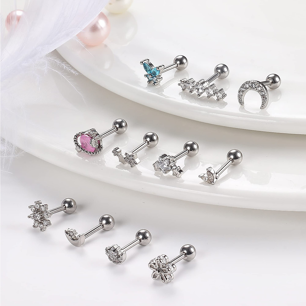 Sanfenly 11Pcs 16G Cartilage Earrings Studs Stainless Steel CZ Forward Helix Tragus Stud Earring Cute Butterfly Moon and Star Cartilage Daith Conch Ear Piercing Jewelry for Women