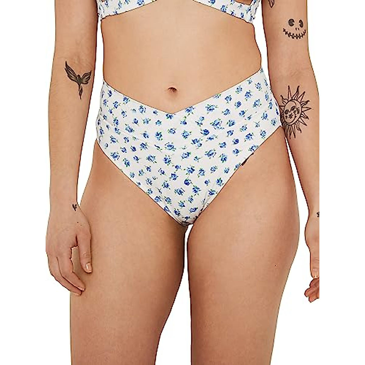 Victoria's Secret Pink V Crossover High Waisted Bikini Bottom, Swimsuit for Women, Moderate Coverage Bathing Suit Bottoms for Women, Morning Sky Floral (M)