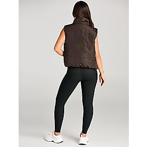 AUTOMET Puffer Vest Women Sleeveless Winter Cropped Outerwear Warm Puffer Lightweight Stand-up Collar Down with Pockets Coffee M