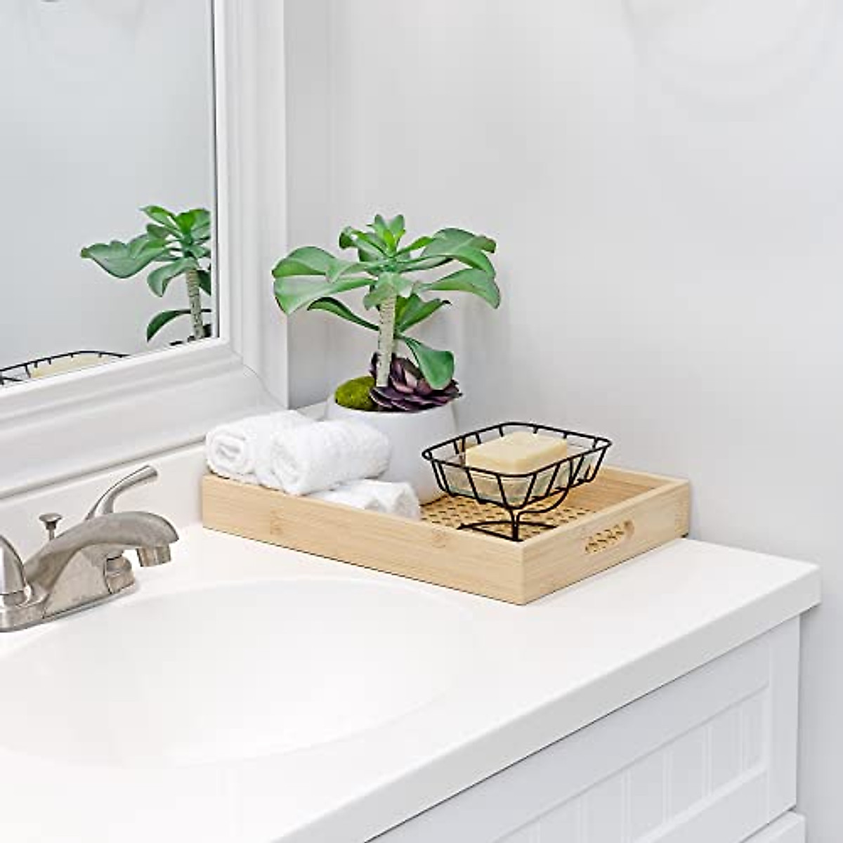 AuldHome Ottoman Rattan Breakfast Trays (Set of 2); Basket Serving Trays with Wooden Fram for Serving Guests, Coffee Break, Breakfast and More