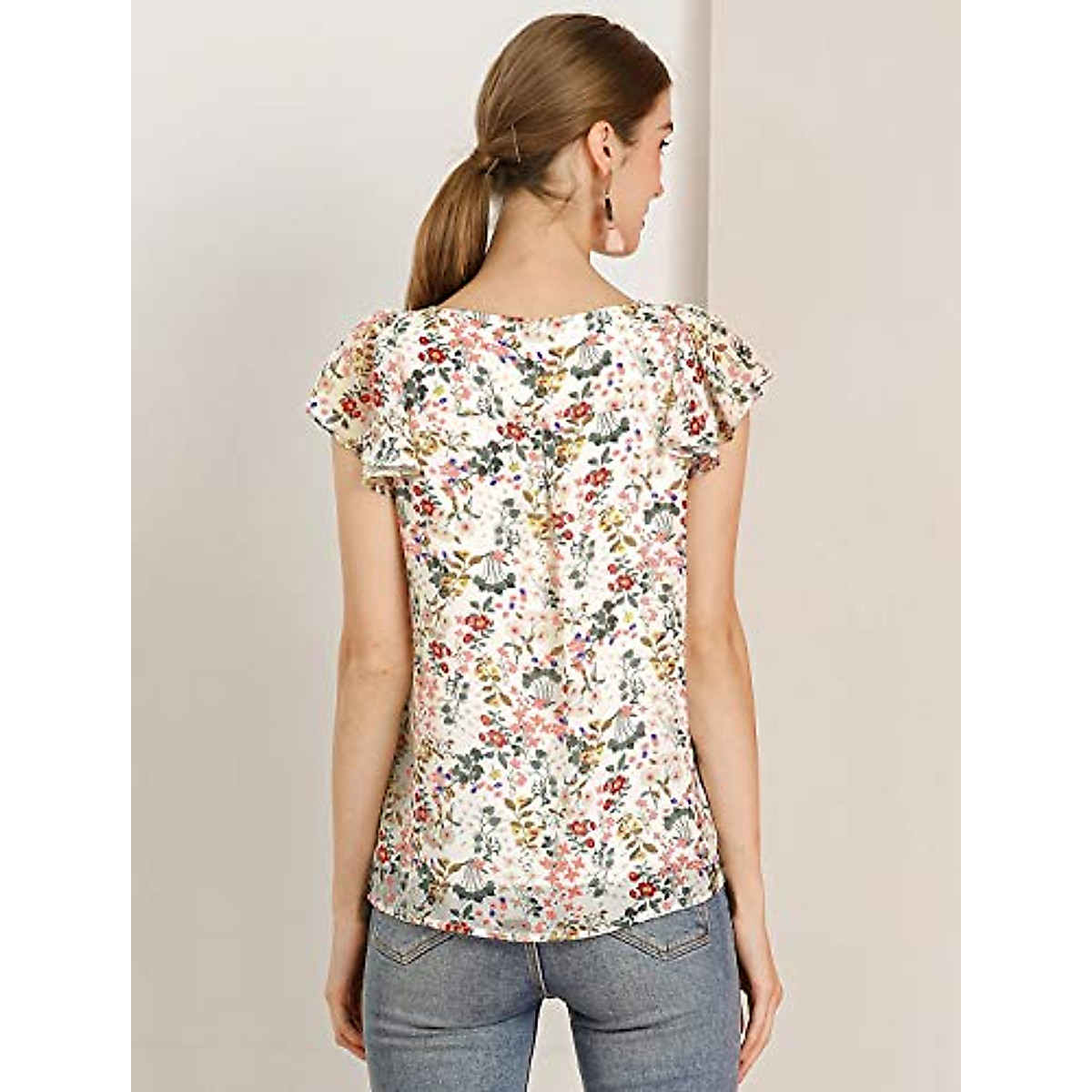 Allegra K Women's Chiffon Ruffle Sleeve Top Layered Vintage Ditsy Floral Blouse Large White