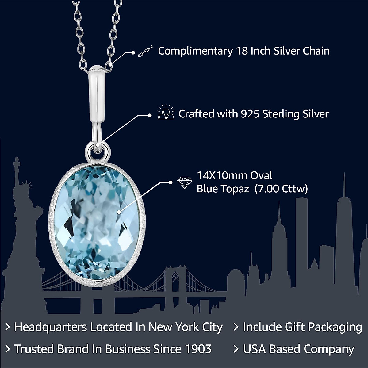 Gem Stone King 925 Sterling Silver Blue Topaz Pendant Necklace For Women | 7.00 Cttw | Gemstone Birthstone | 14X10MM Oval Shape | With 18 Inch Silver Chain