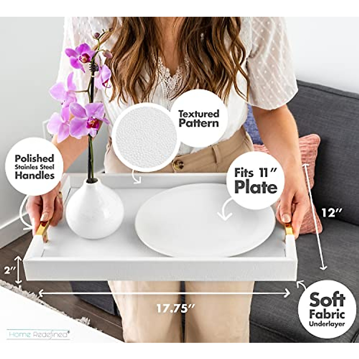 Modern Elegant 18"x12" Rectangle White Glossy Shagreen Decorative Ottoman Coffee Table Perfume Living Room Kitchen Serving Tray with Gold Polished Metal Handles by Home Redefined for All Occasion's