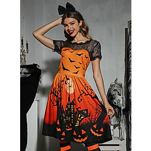 Spadehill Women Halloween Swing Party Costume Vintage Lace Sleeves Pumpkin Bat Witch Dress Pumpkin Castle Orange S