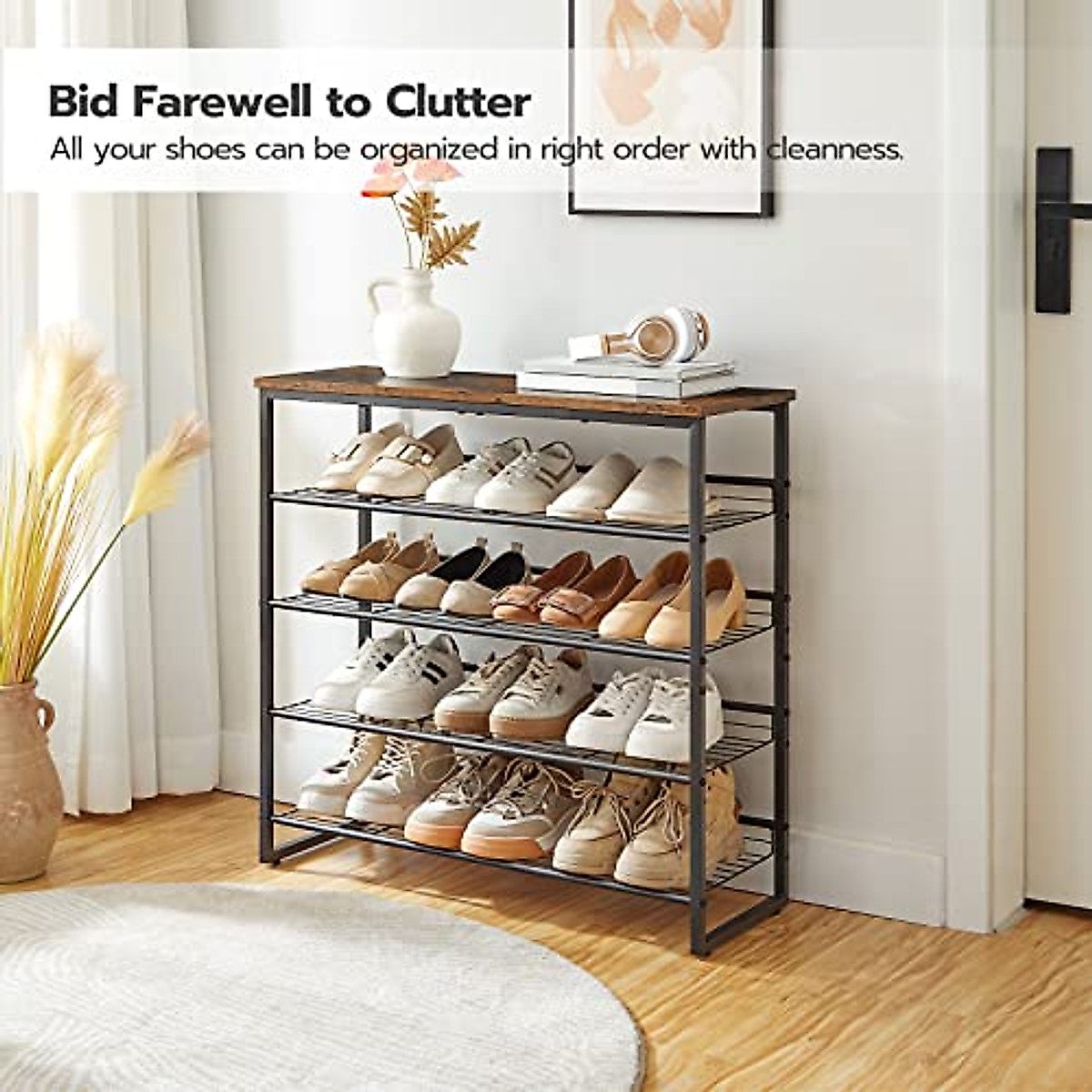 HOOBRO Shoe Rack, 5 Tier Shoe Organizer, Adjustable Shoe Shelves, Flat or Slanted, Holds 16-20 Pairs, Stable and Durable for Entryway, Closet, Rustic Brown and Black BF08XJ01