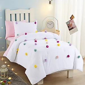 HOMBYS Pom Poms Bedding Comforter Set for Girls, 5 Piece White Pink Boho Kids Comforter Set for All Season，Twin/Twin XL Size