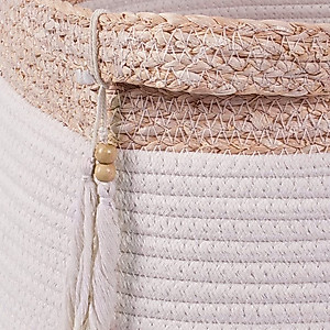 Rope Basket Woven Storage Basket with Handles - Laundry Basket Large 17.3x 15 x 14.1 Inches Cotton Blanket Organizer, Baby Nursery Containers White Home Decor Gift