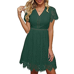 MEROKEETY Women's Short Sleeve Lace Floral Swing Dress Elegant Wedding Guest Bridesmaid Dress, DarkGreen, L