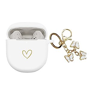AIIEKZ Compatible with Bose QuietComfort Earbuds II 2022, Soft Silicone Case with Gold Heart Pattern for Bose QC II Case with Cute Butterfly Keychain for Girls Women (White)