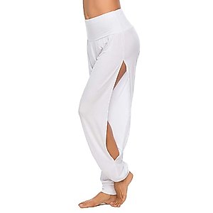 AvaCostume Womens Harem Yoga Pants Side Slit Sport Workout Sweatpants White M