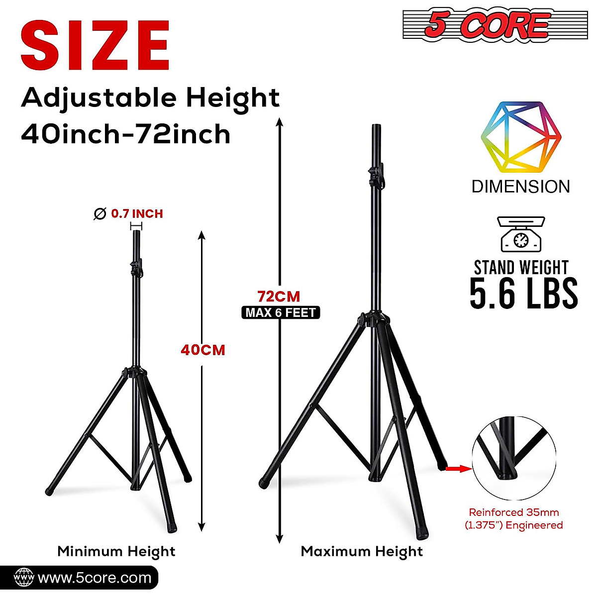 5 Core Speaker Stand Pair Tripod Floor Heavy Duty Adjustable Up to 72 Inch DJ Studio Monitor Stands Pole Mount - SS HD 2PK BLK Bag